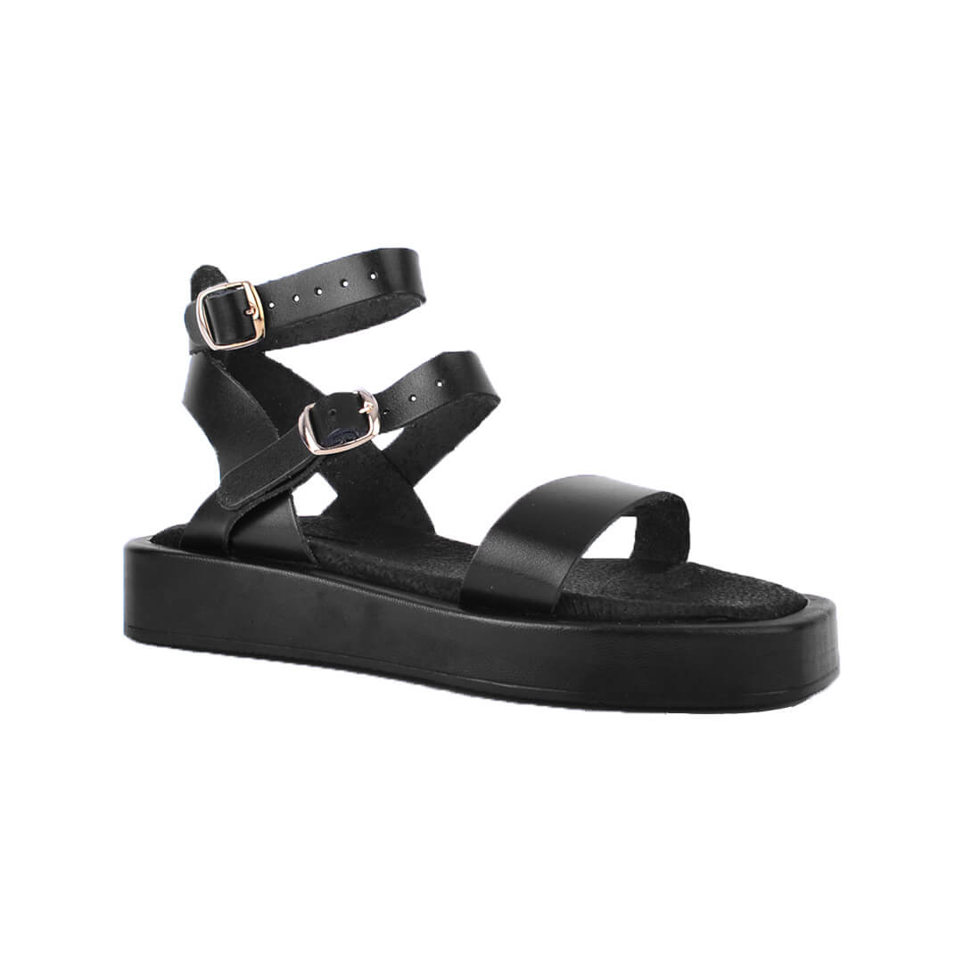 Μαύρο δερμάτινο flatform πέδιλο με τόκες | My Way Shoes