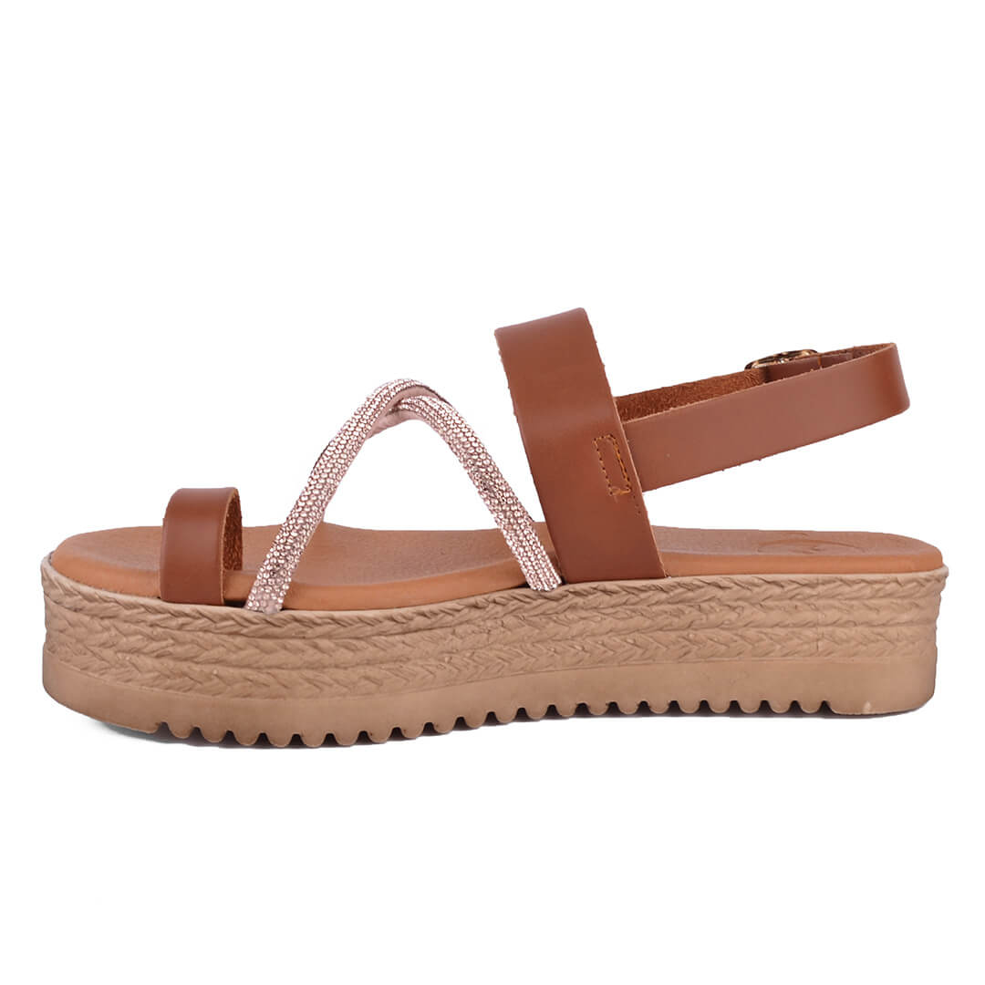 Καφέ flatform πέδιλο με strass λεπτομέρεια | My Way Shoes