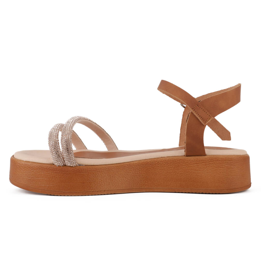 Ταμπά δερμάτινο flatform πέδιλο με strass | My Way Shoes