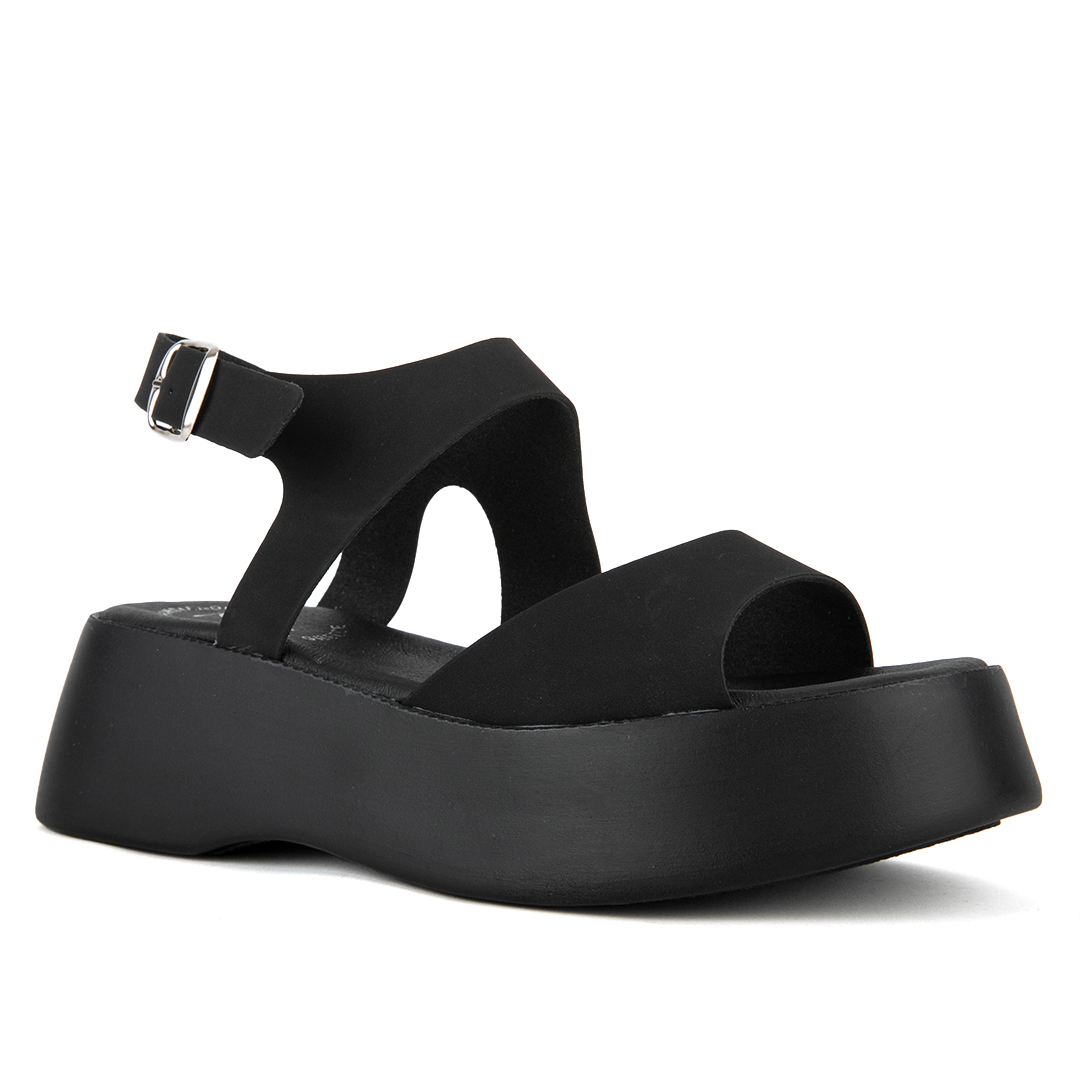 Μαύρο γυναικείο flatform πέδιλο με ασύμμετρο σχέδιο | My Way Shoes